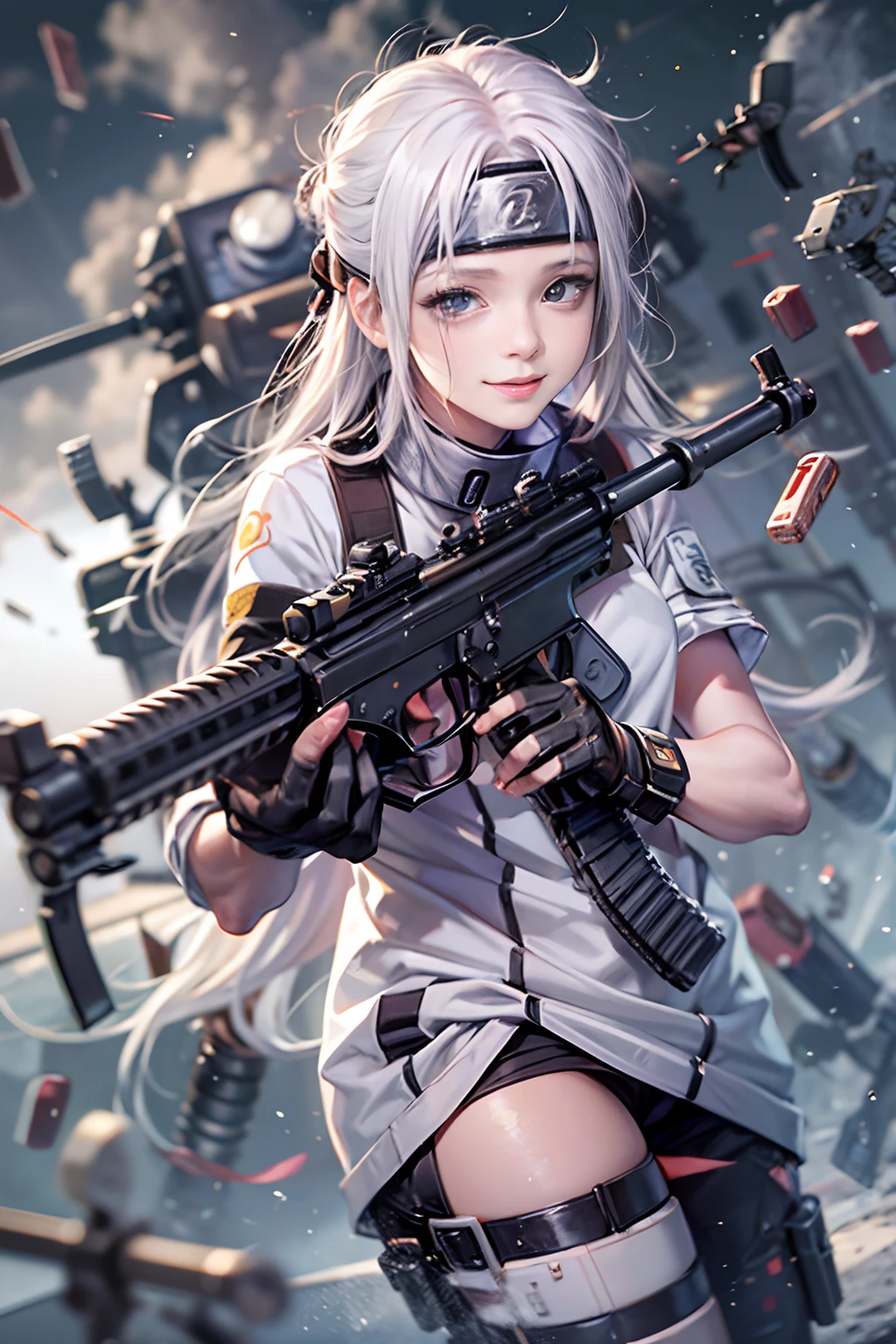 Anime girl with gun and gun in front of a group of guns - SeaArt AI