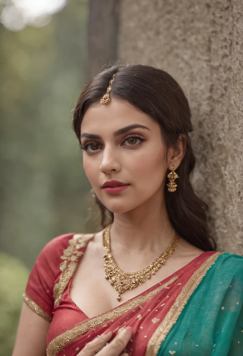 A woman in a red and green sari posing for a picture - SeaArt AI