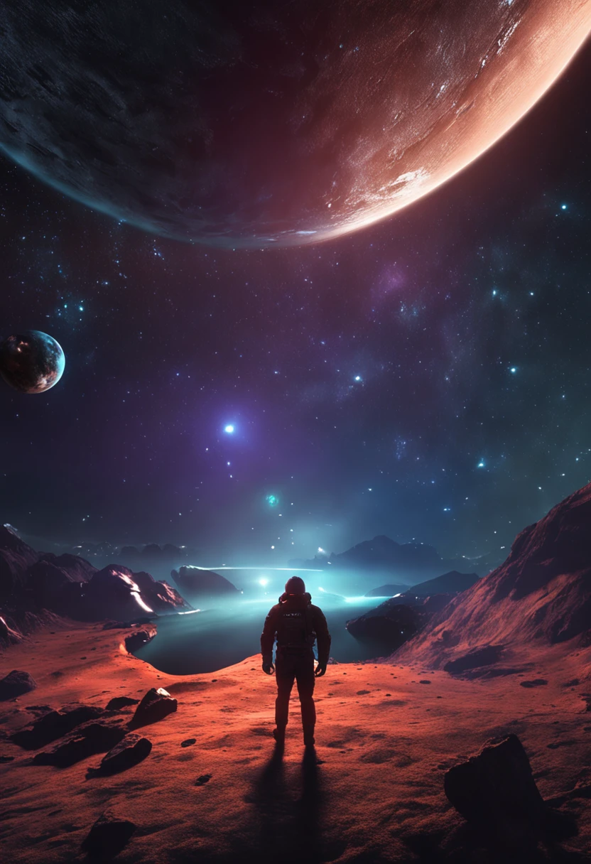 A man standing on a planet with a view of the sun and planets - SeaArt AI