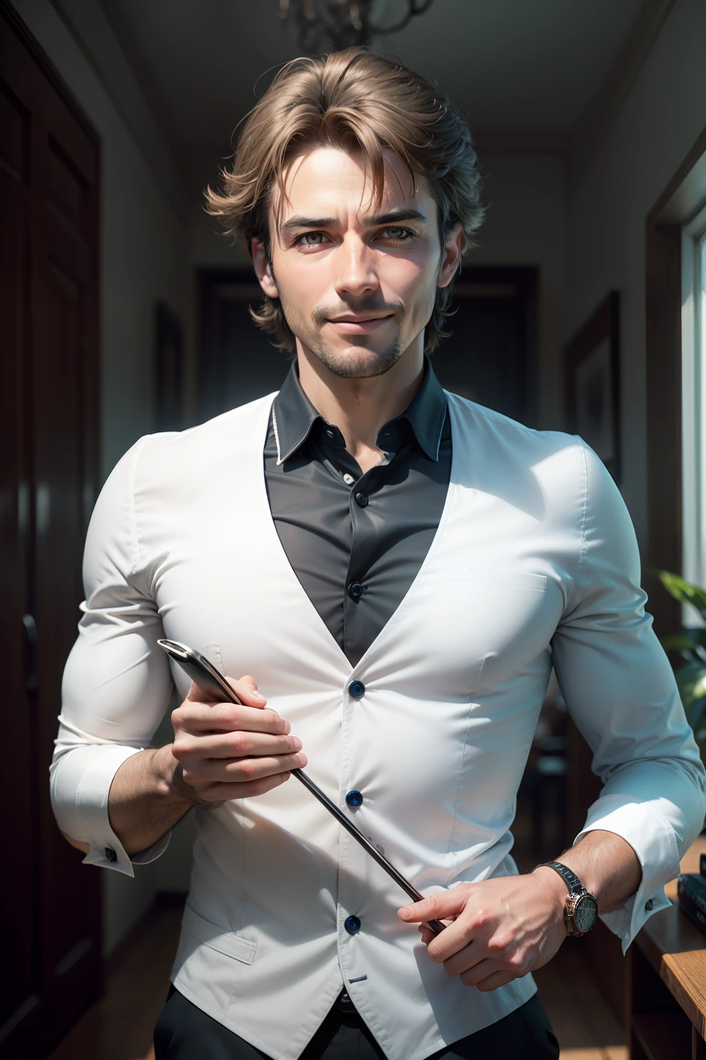 Arafed man in a white shirt and black tie holding a cell phone - SeaArt AI