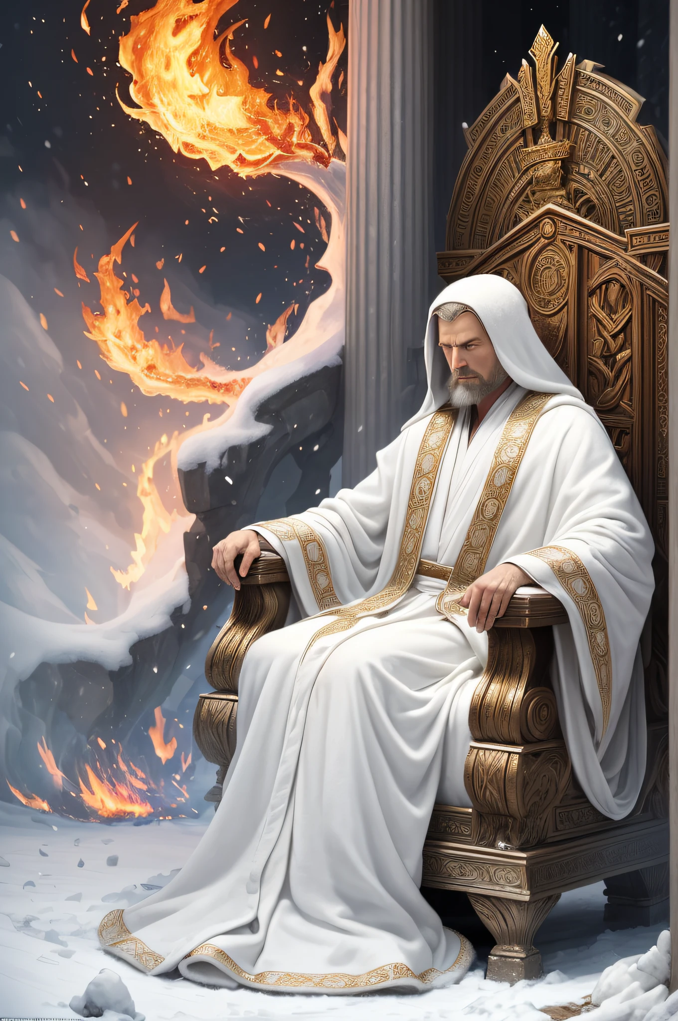 A man sitting on a throne with a fire in the background - SeaArt AI
