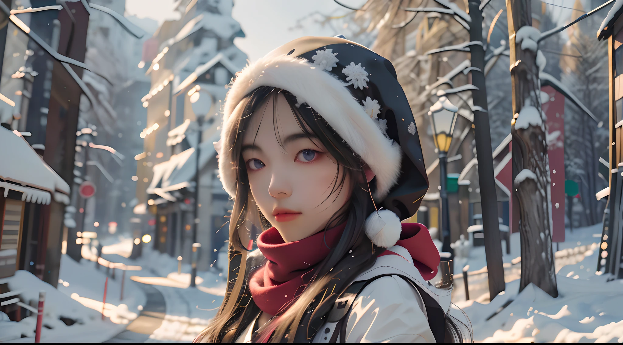 There is a woman wearing a hat and scarf in the snow - SeaArt AI