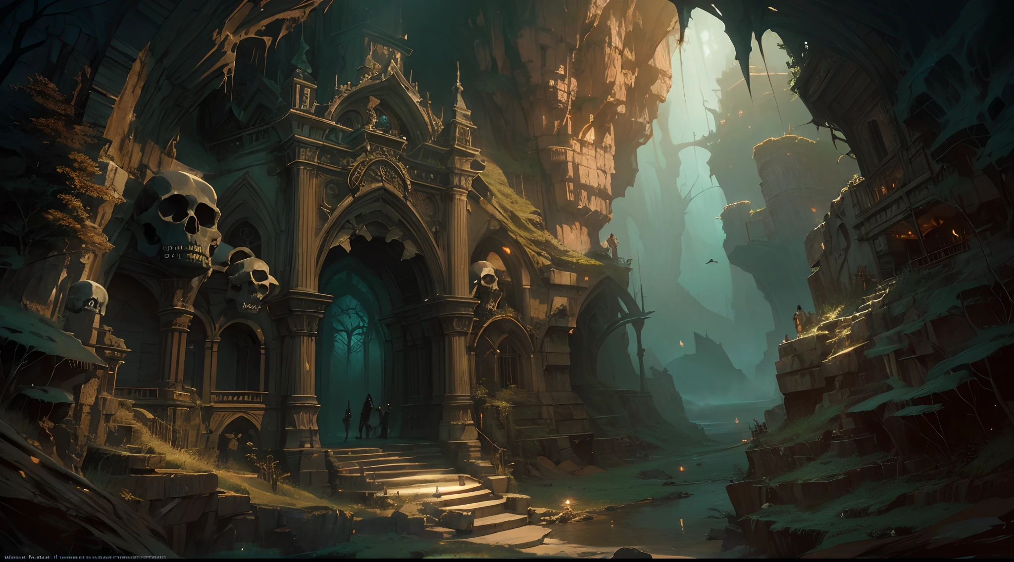 A painting of a cave with a staircase leading to a cave entrance ...