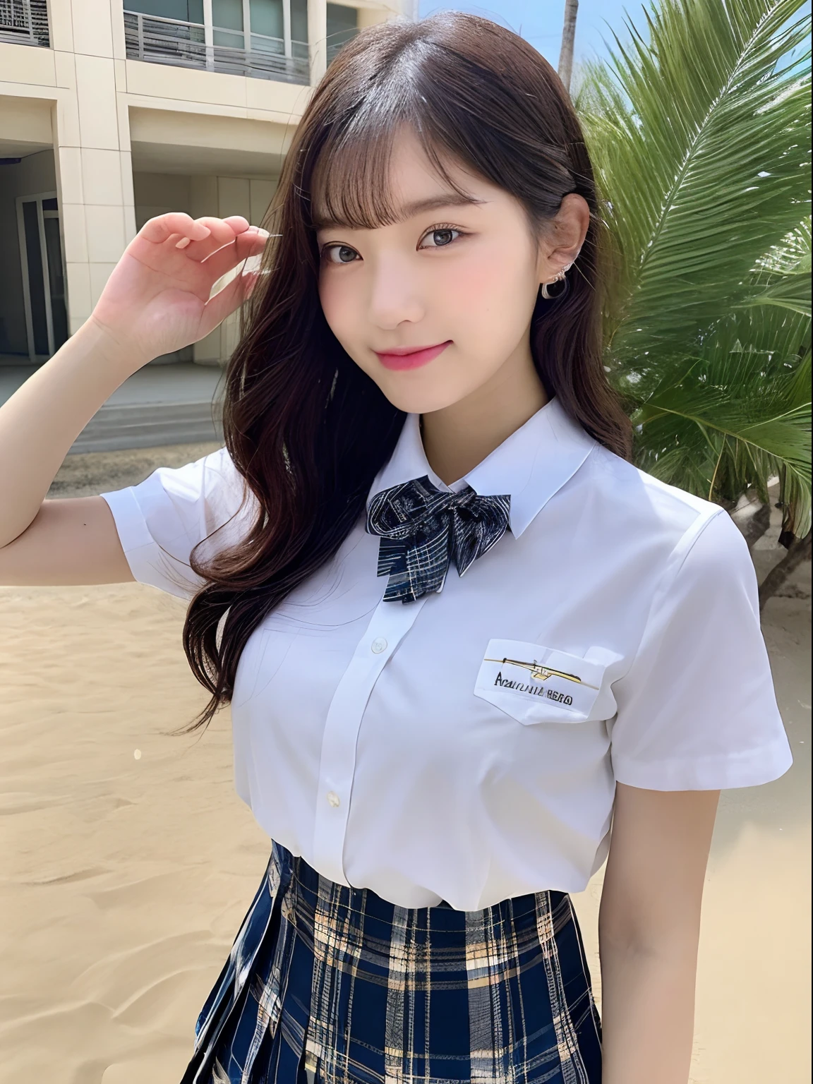 A close up of a woman wearing a school uniform and a bow tie - SeaArt AI