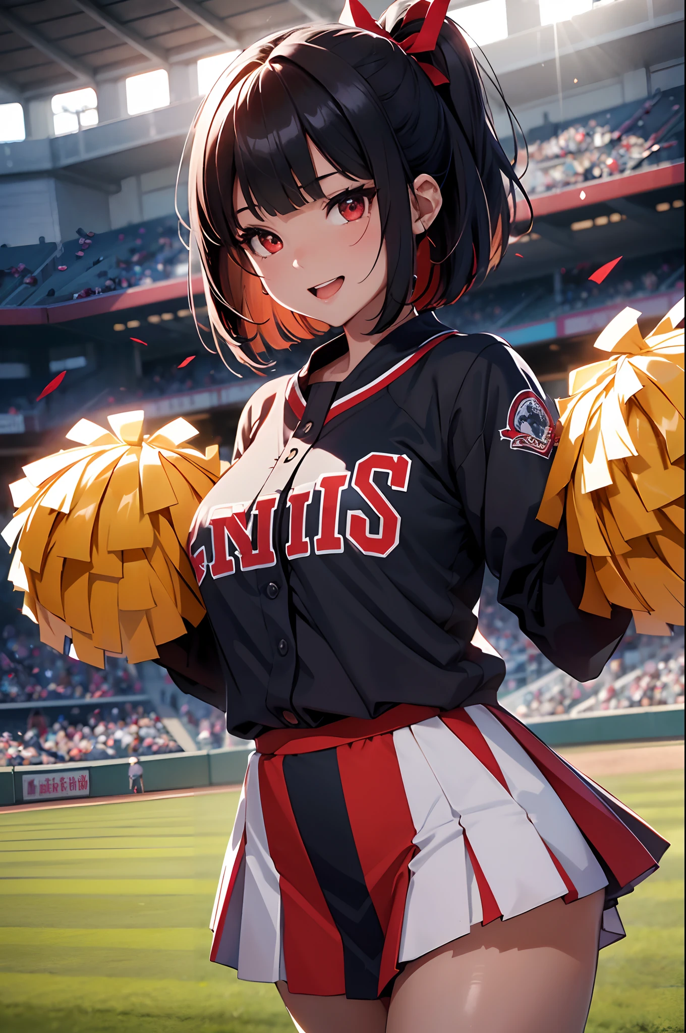 A close up of a girl in a cheerleader uniform holding two pom poms ...