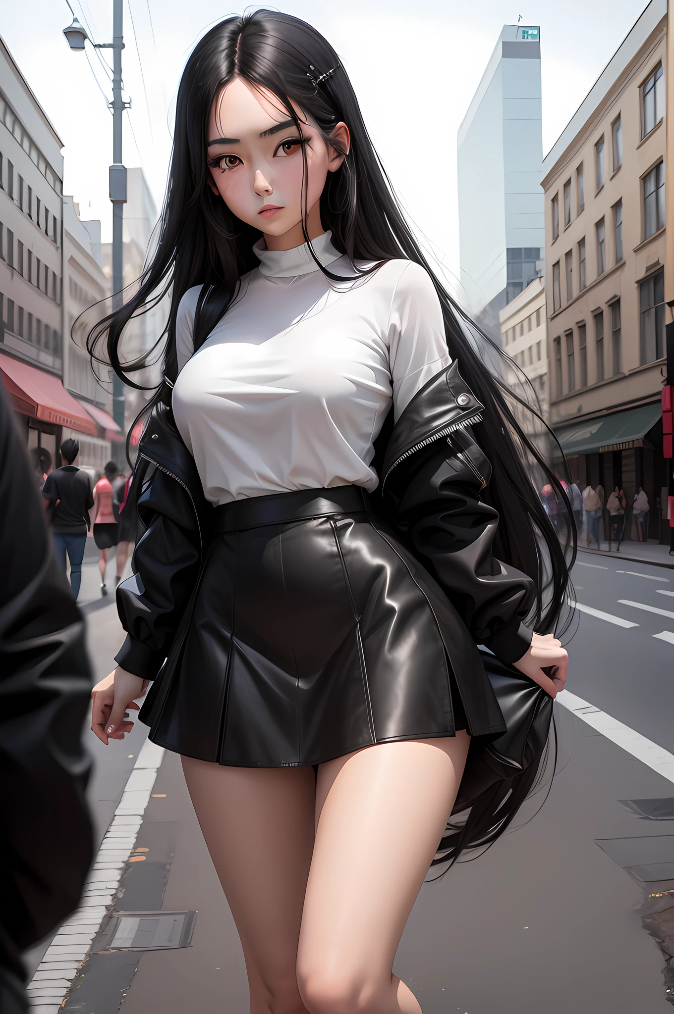 Araffe asian woman in a short skirt and white shirt walking down a street - SeaArt AI