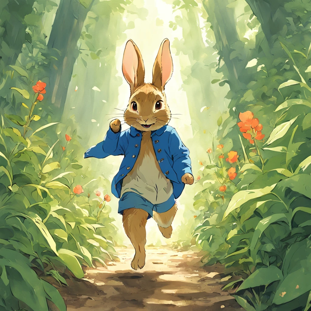 A close up of a rabbit running through a forest with flowers - SeaArt AI