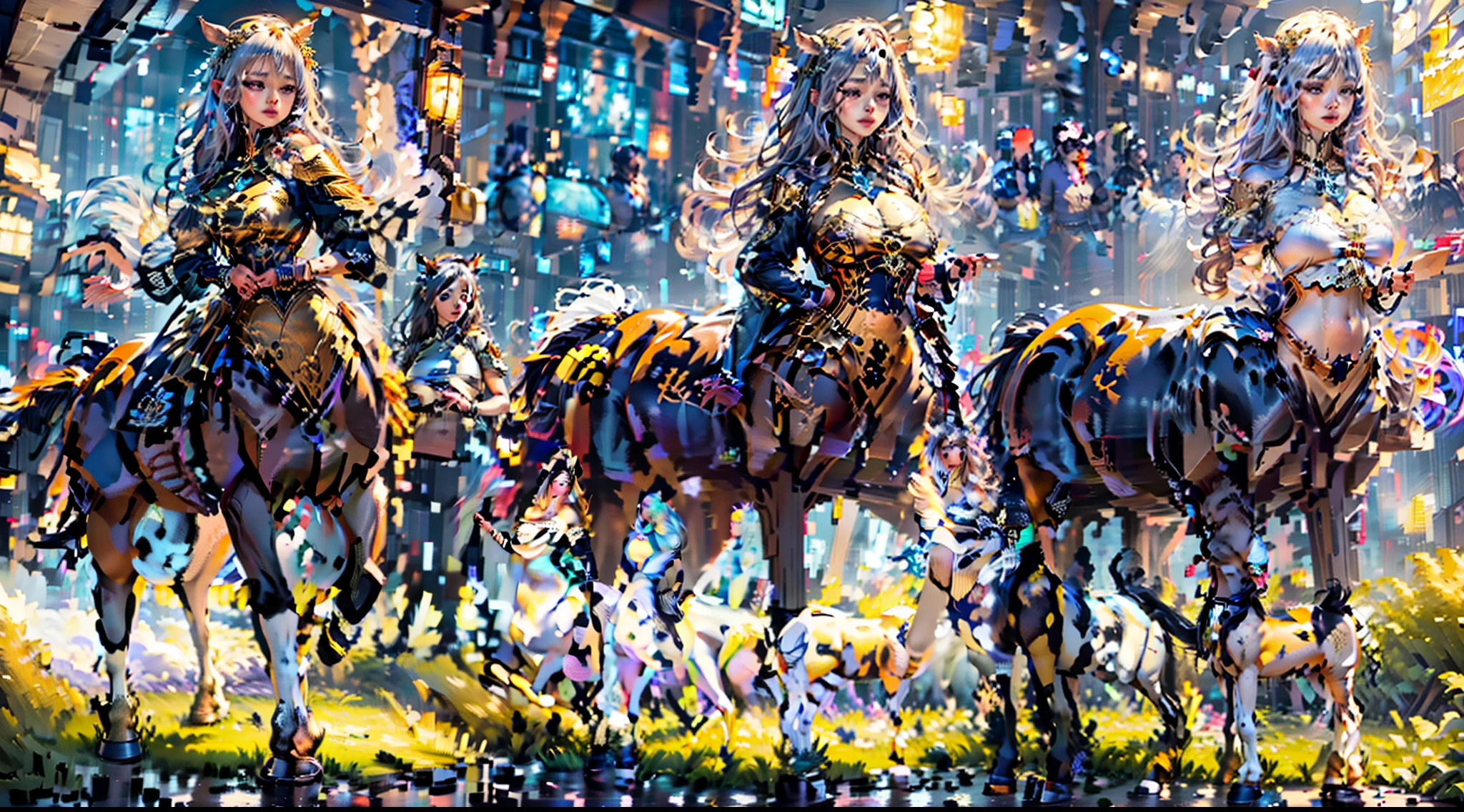 Three women riding horses in a field with a lot of flowers - SeaArt AI