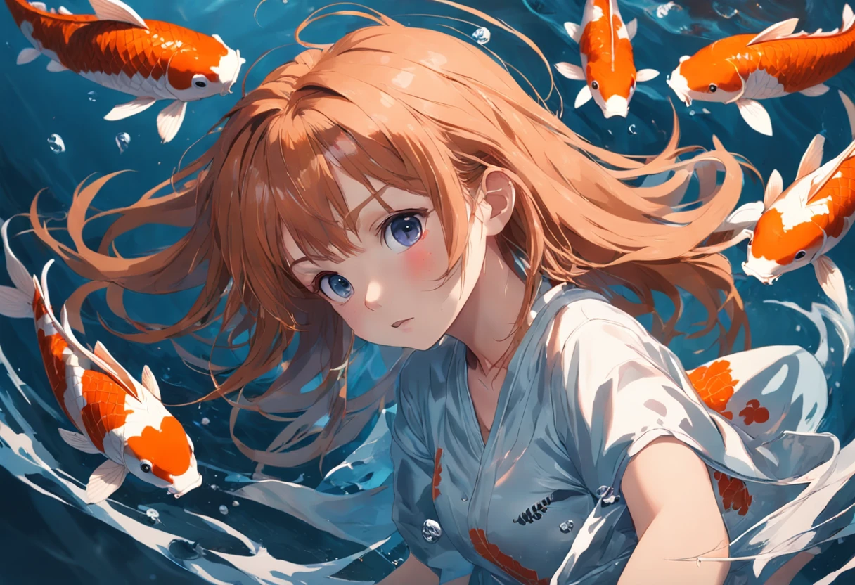 Anime girl with long hair and blue eyes in water with koi fish - SeaArt AI
