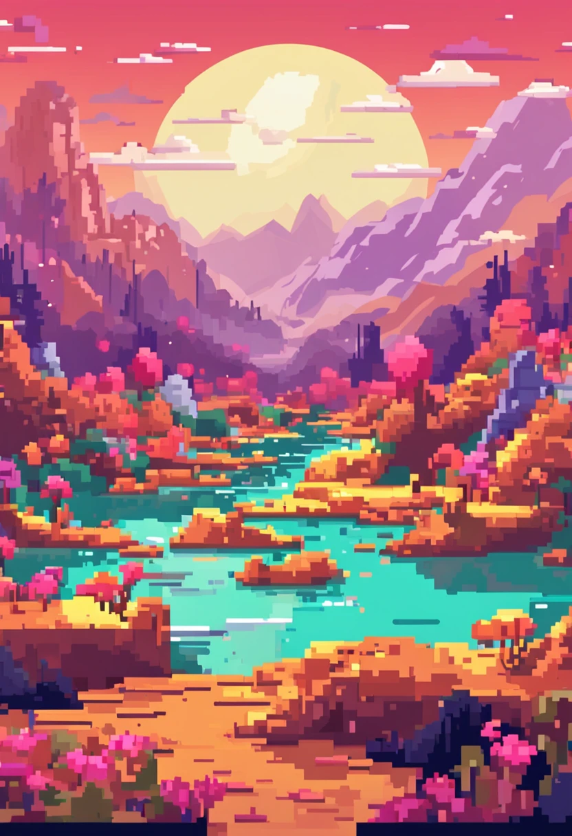 A pixel landscape with a river and mountains in the background - SeaArt AI