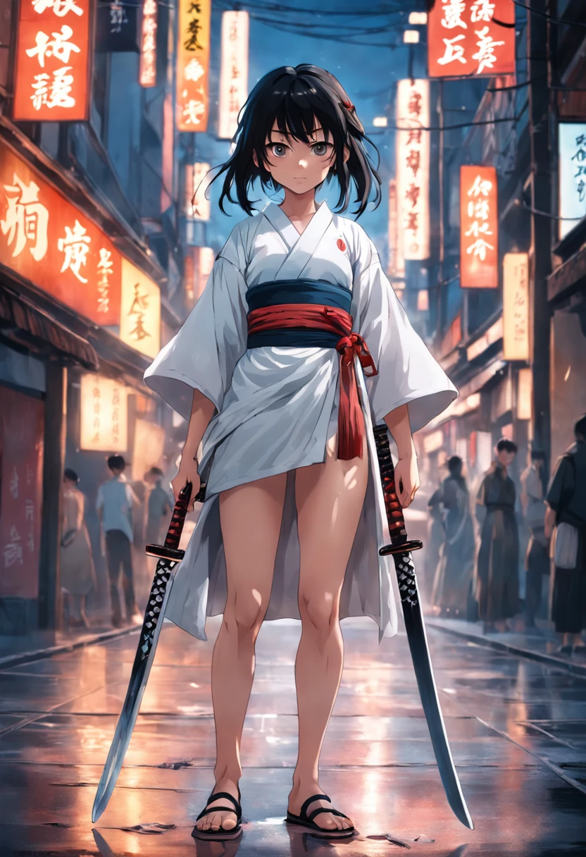 A woman in a kimono outfit holding two swords in a street - SeaArt AI