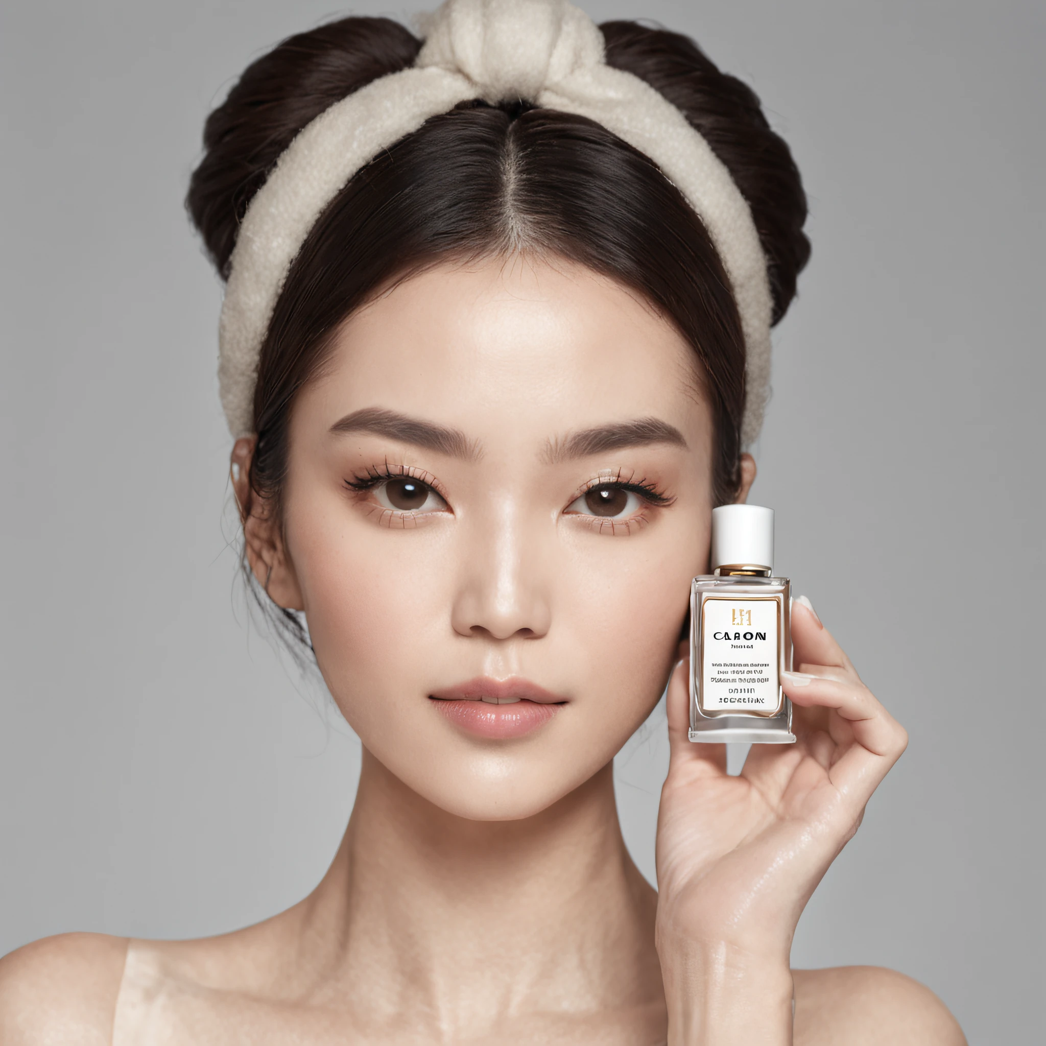 A woman holding a bottle of perfume in her hand - SeaArt AI