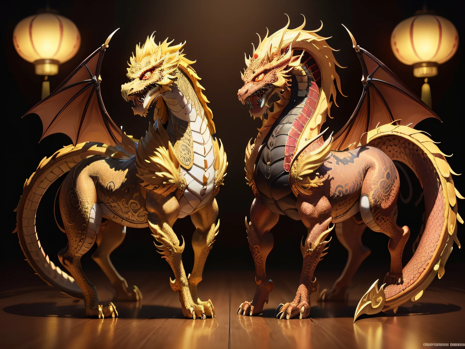 There are two statues of two dragon on a table - SeaArt AI