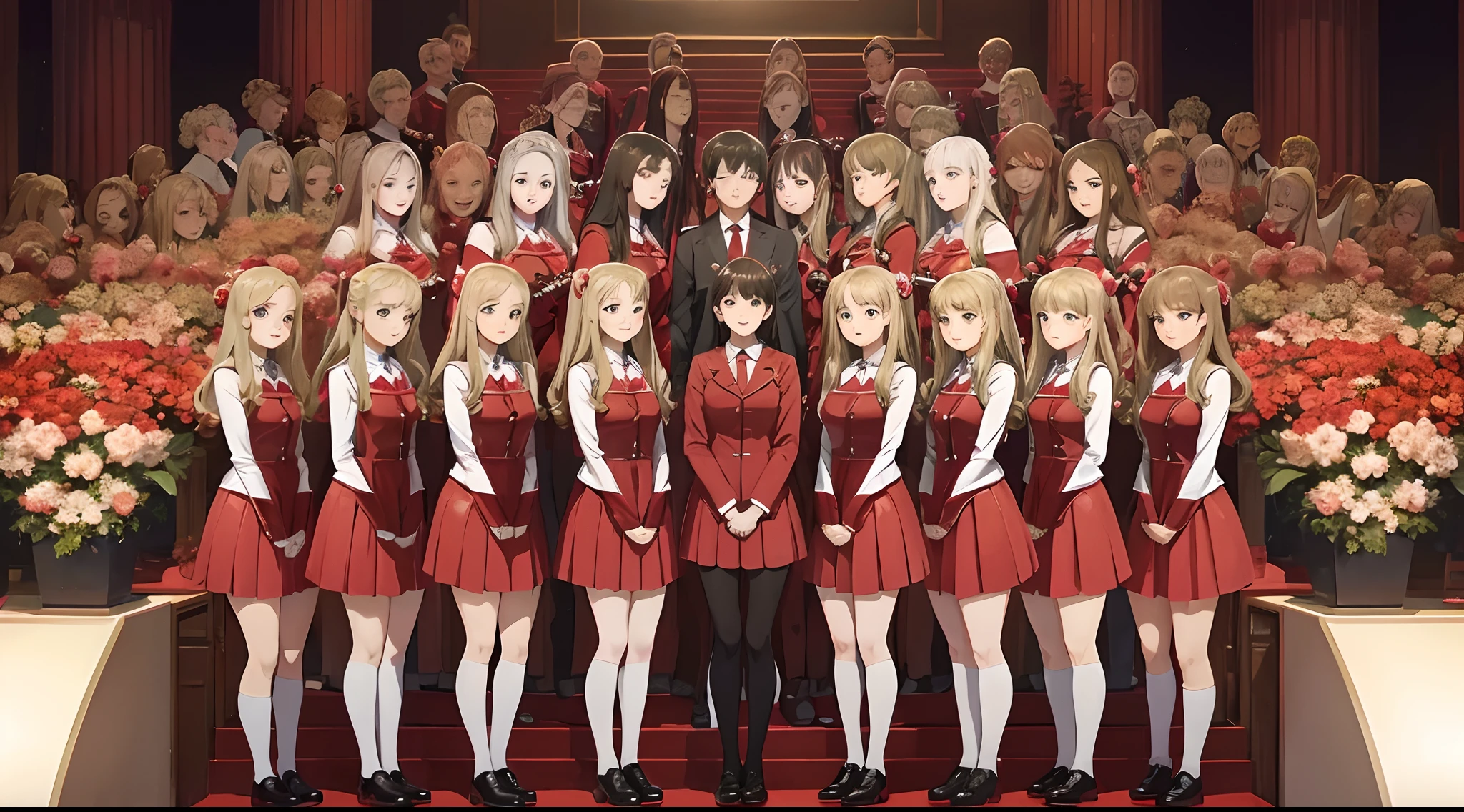 Arafed Group Of Girls In Red Dresses Standing In Front Of A Stage Seaart Ai