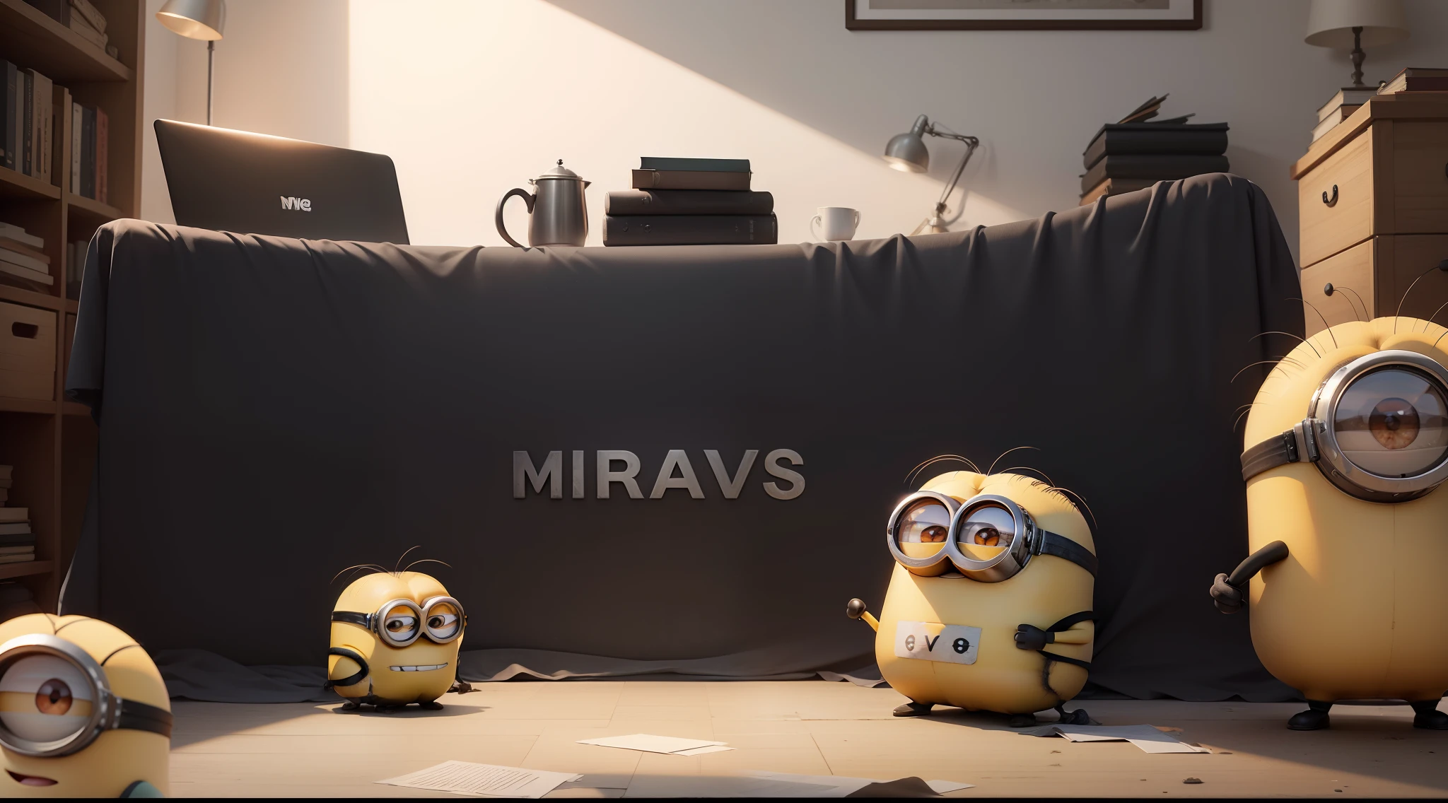 Minions are standing in front of a large black sign with the word ...