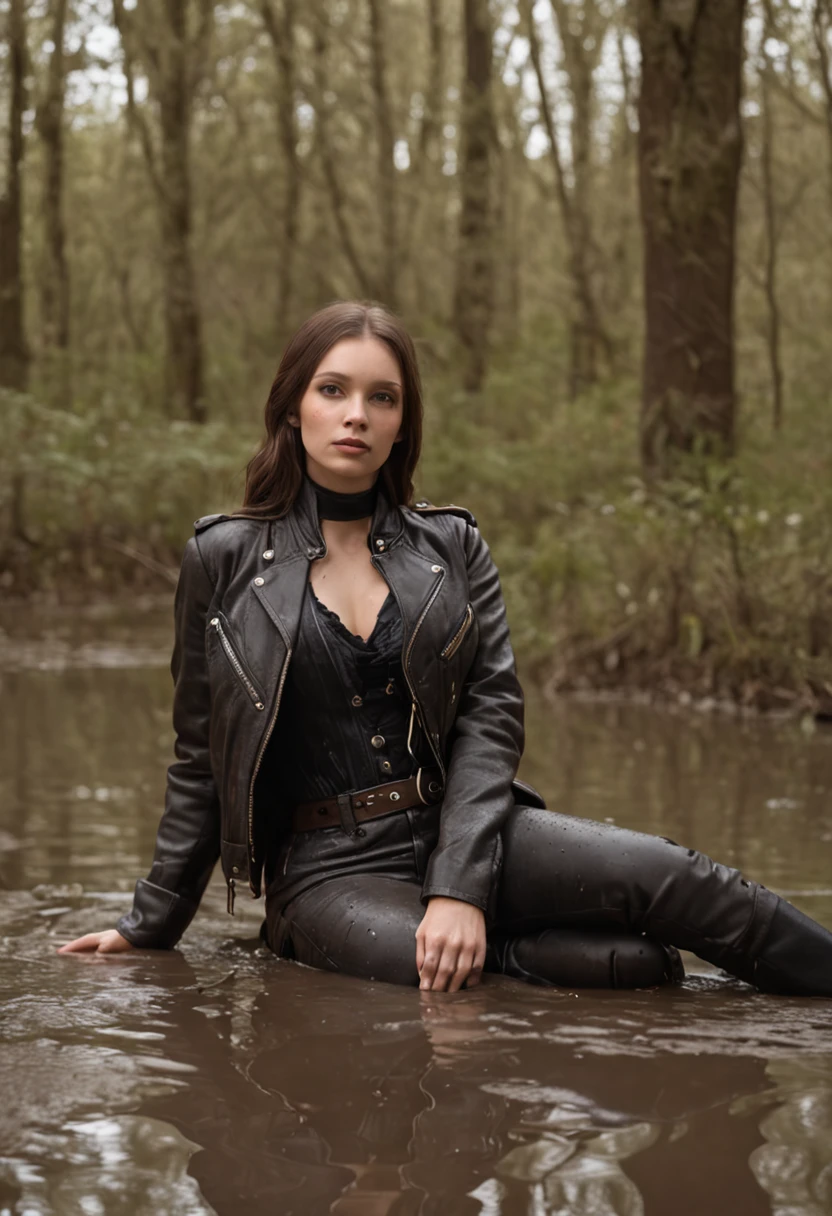 Arafed woman in a black leather jacket and black pants sitting in a ...