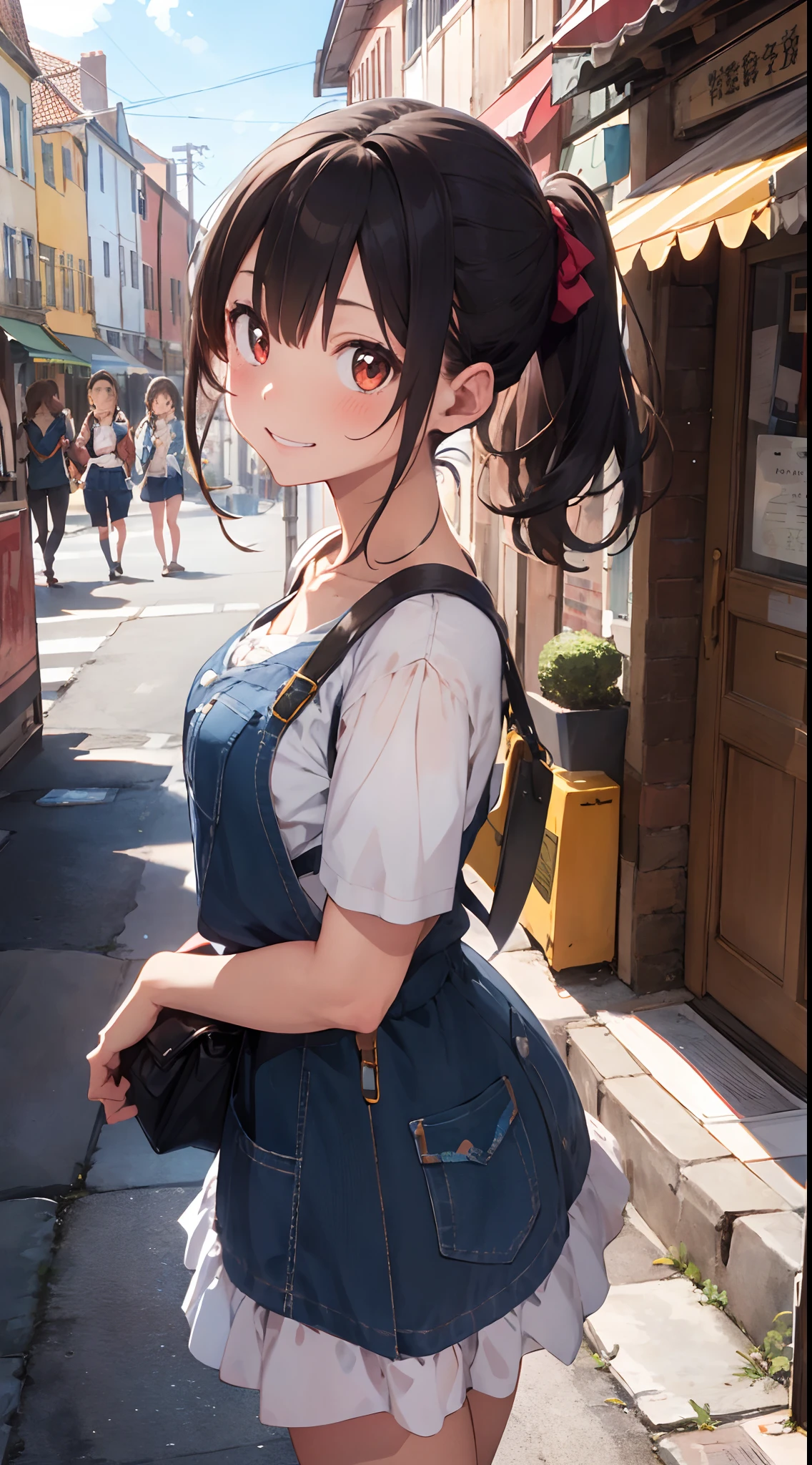 Anime girl in a blue dress standing on a street corner - SeaArt AI