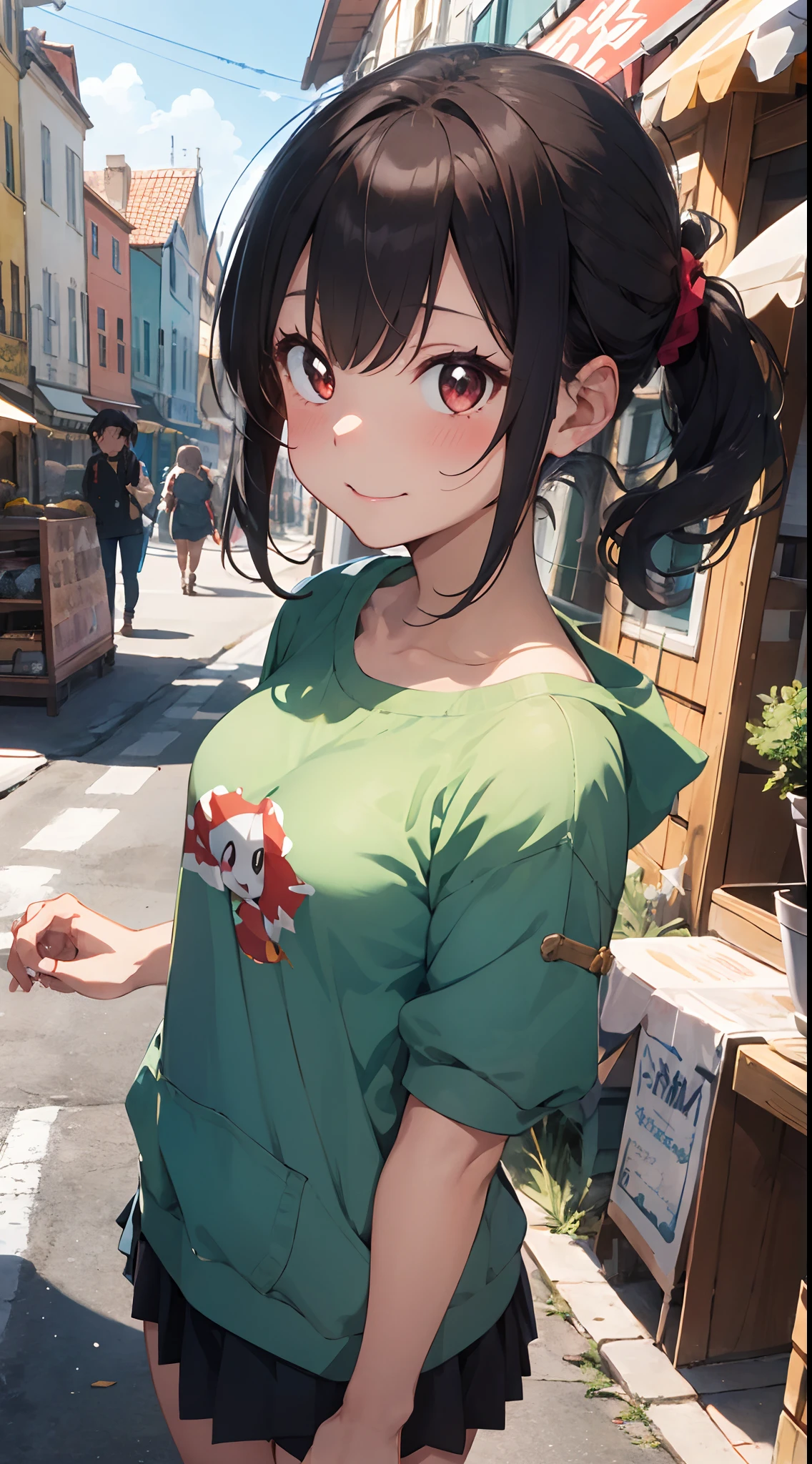 Anime girl with ponytail hair and green shirt standing on street ...