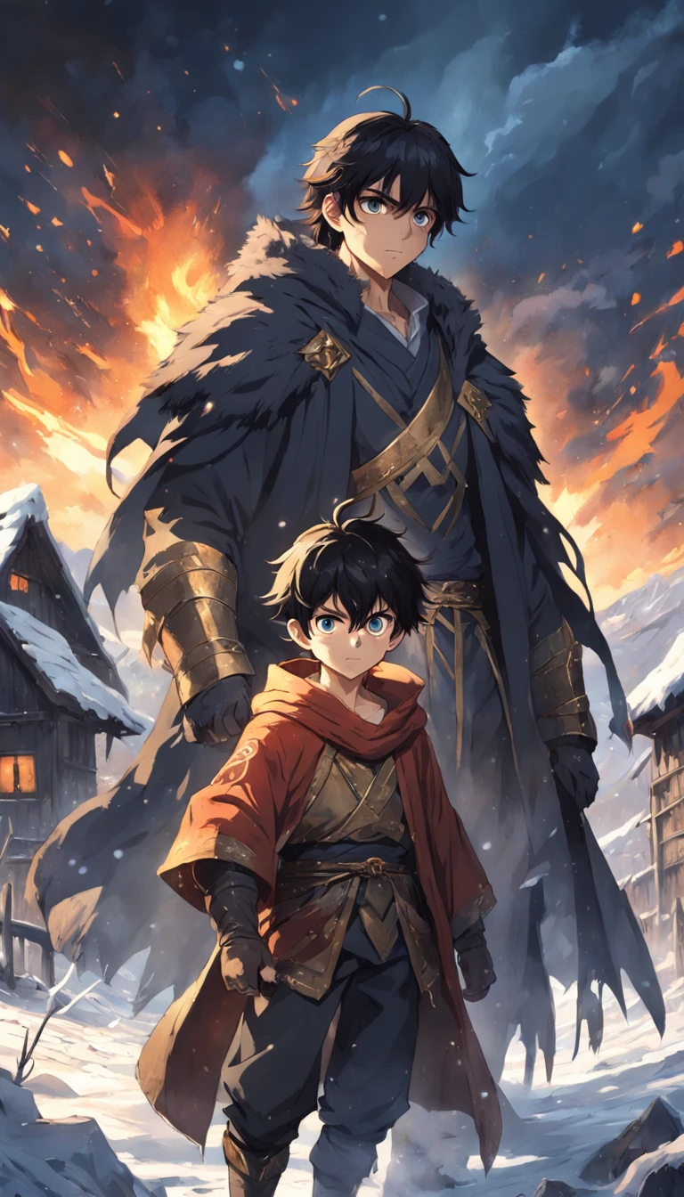 A man and a boy in a winter scene with a fire in the background - SeaArt AI