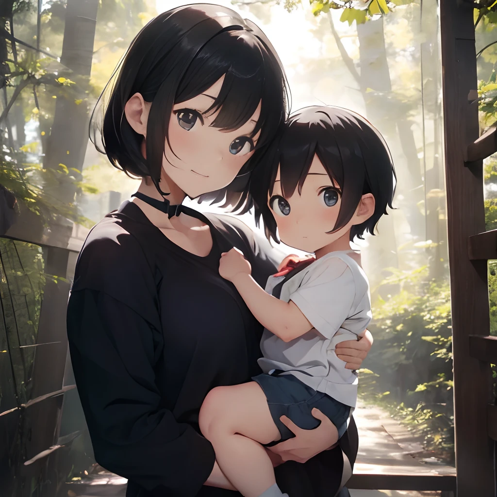 Anime girl holding a child in her arms in a forest - SeaArt AI