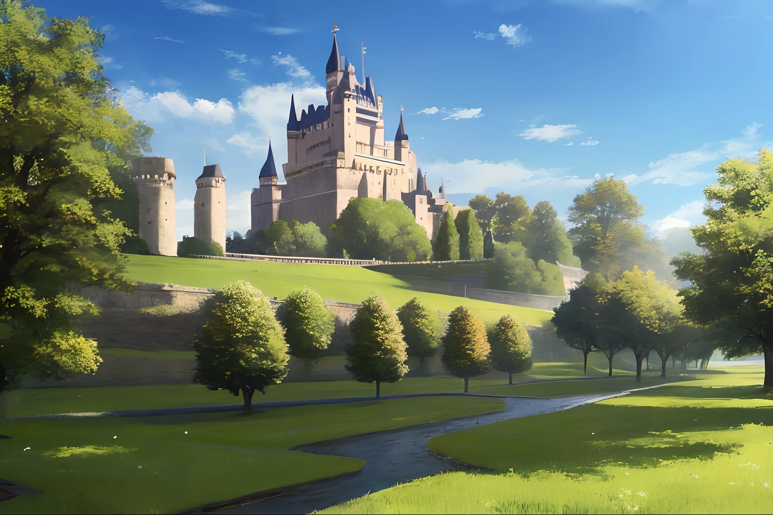 Arafed castle with a stream running through a lush green field - SeaArt AI
