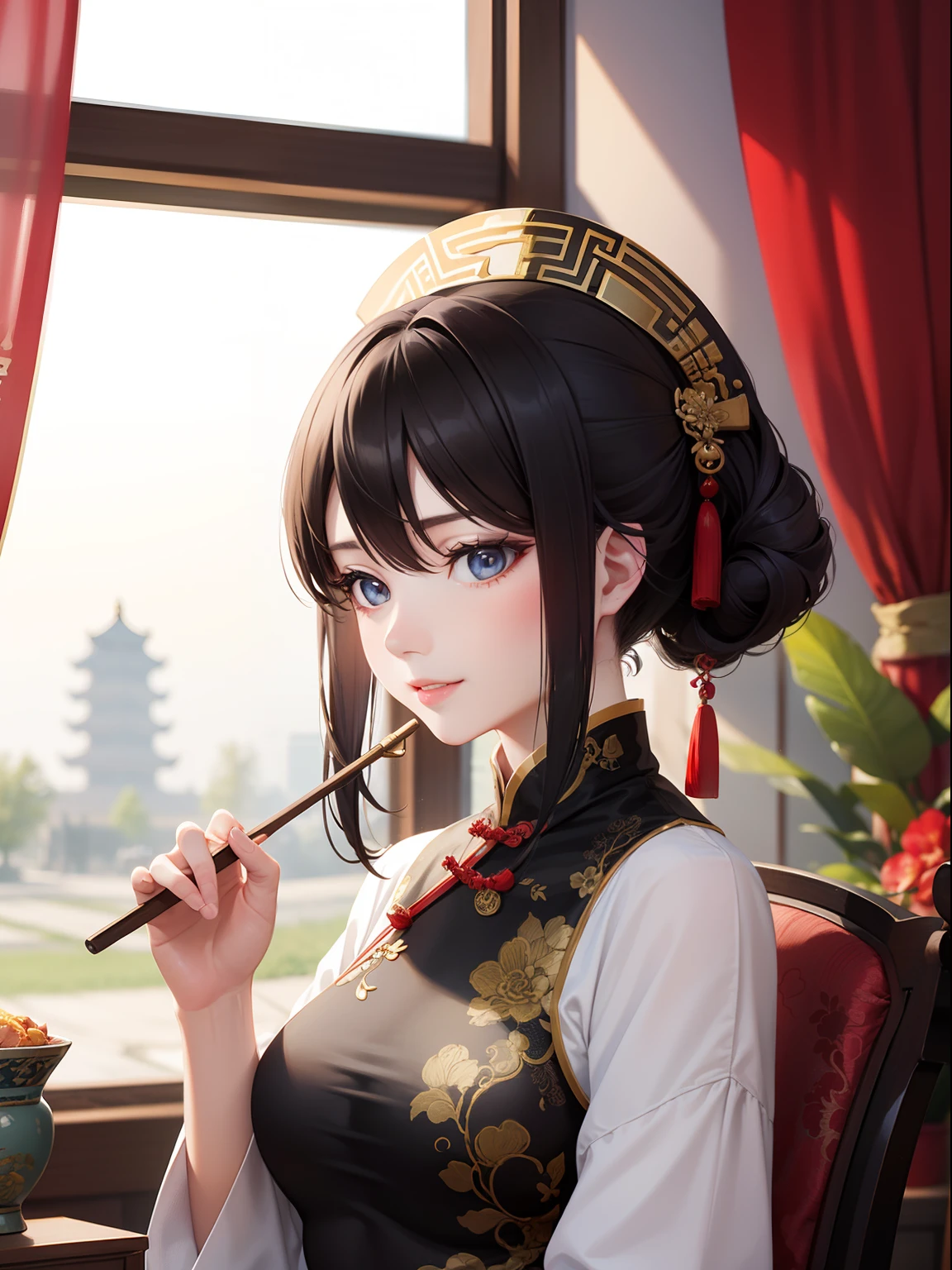 Anime girl with a pipe in her mouth sitting at a table - SeaArt AI