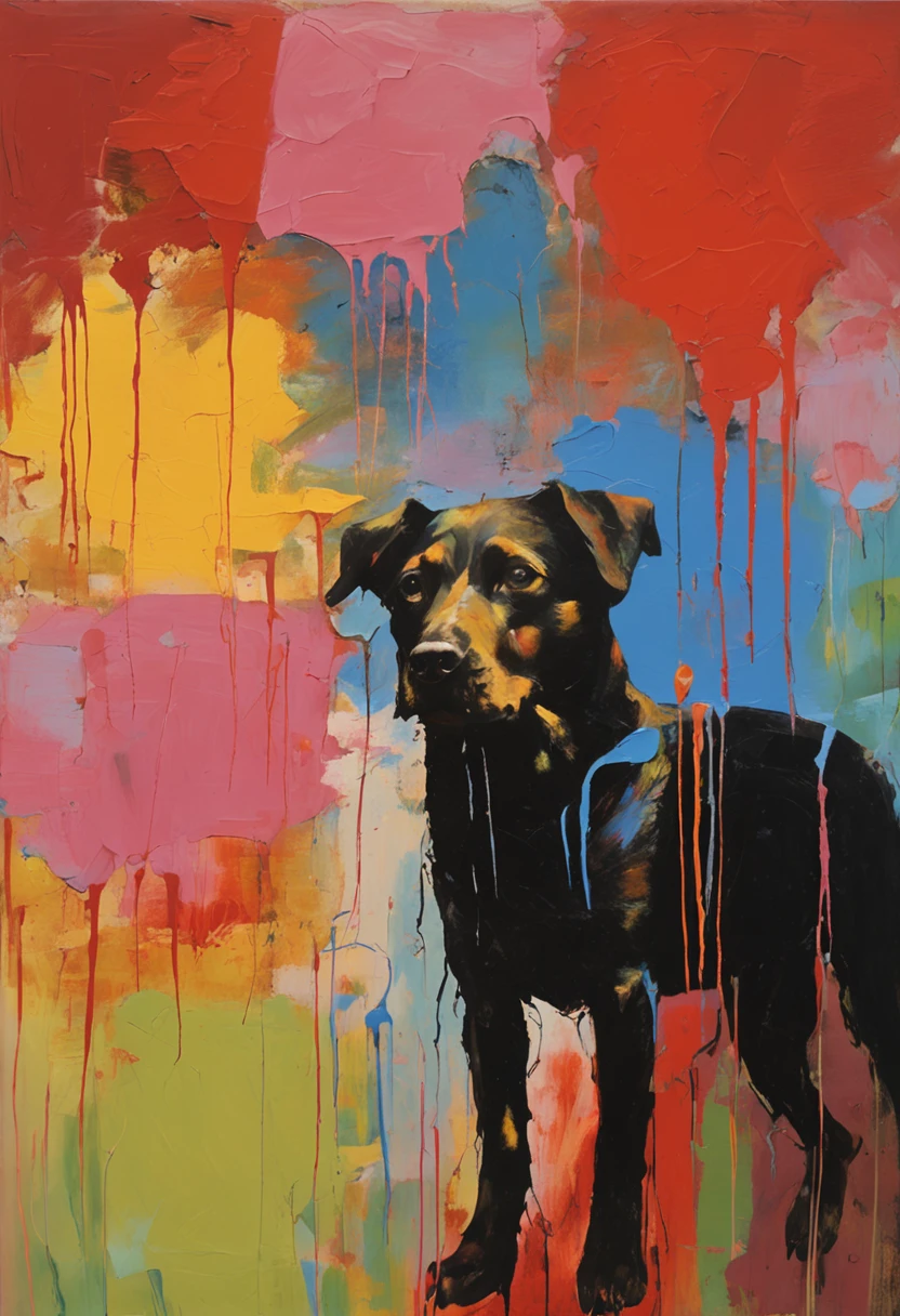 Painting of a dog standing in front of a colorful background - SeaArt AI