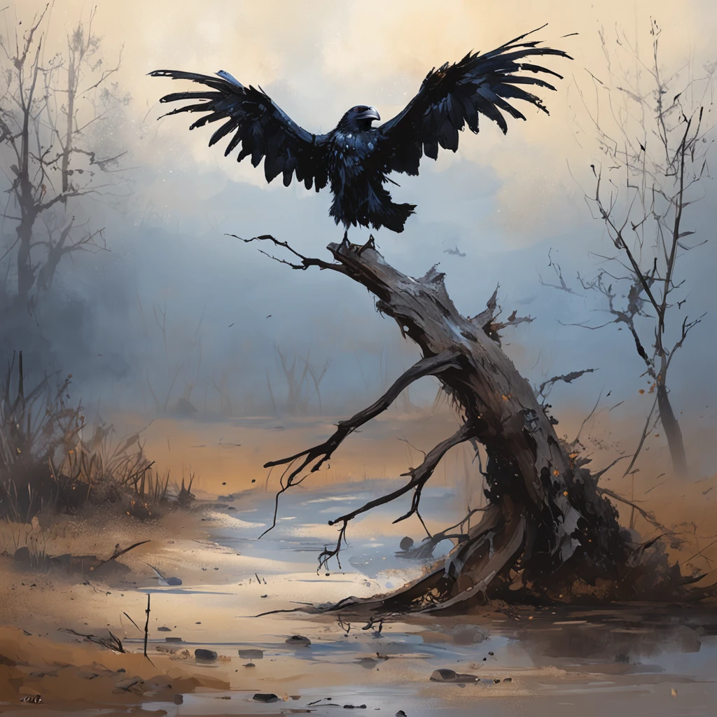 Painting of a bird perched on a tree branch in a swamp - SeaArt AI