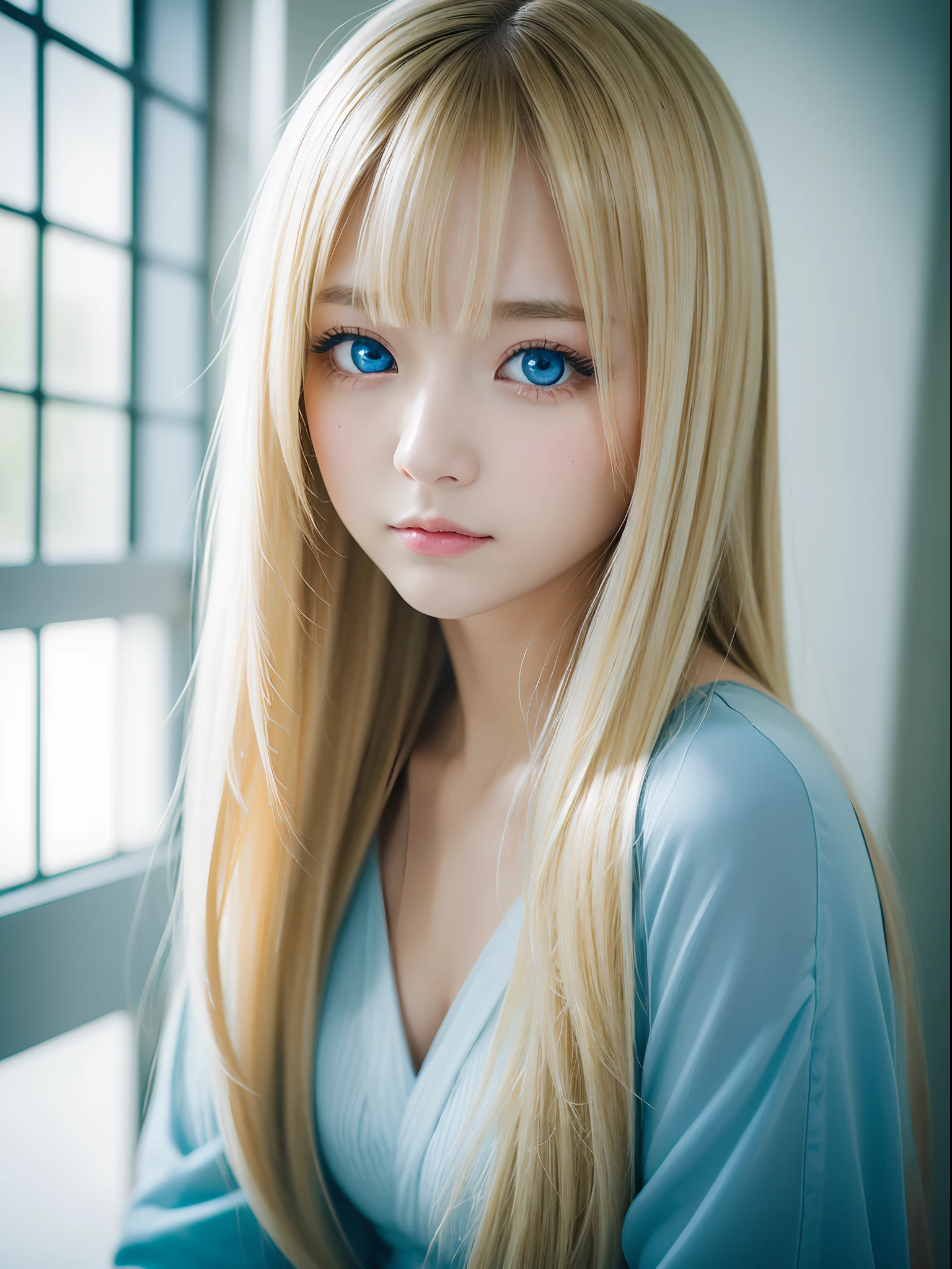A close up of a woman with long blonde hair and blue eyes - SeaArt AI