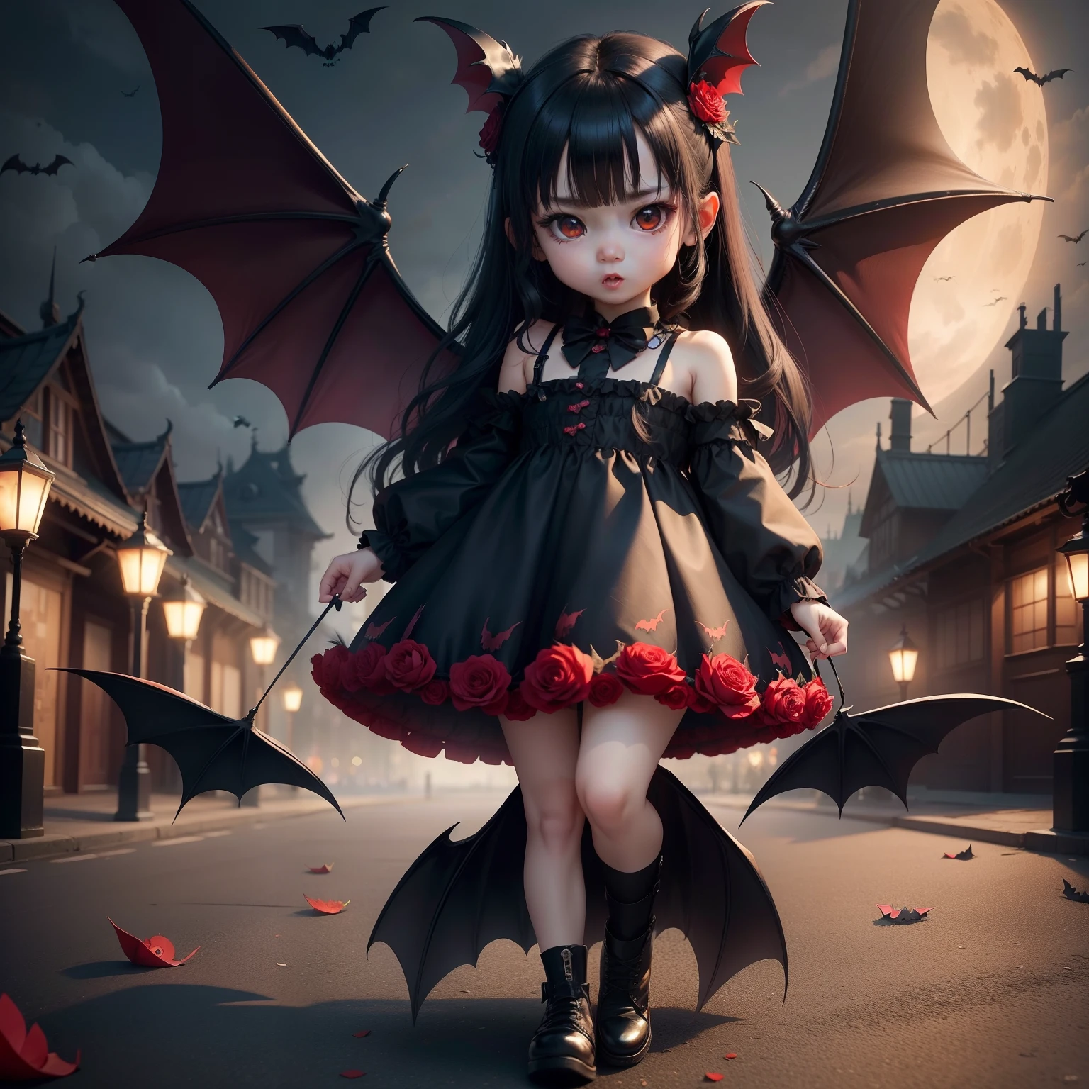 Anime girl with bat wings and roses in a black dress - SeaArt AI