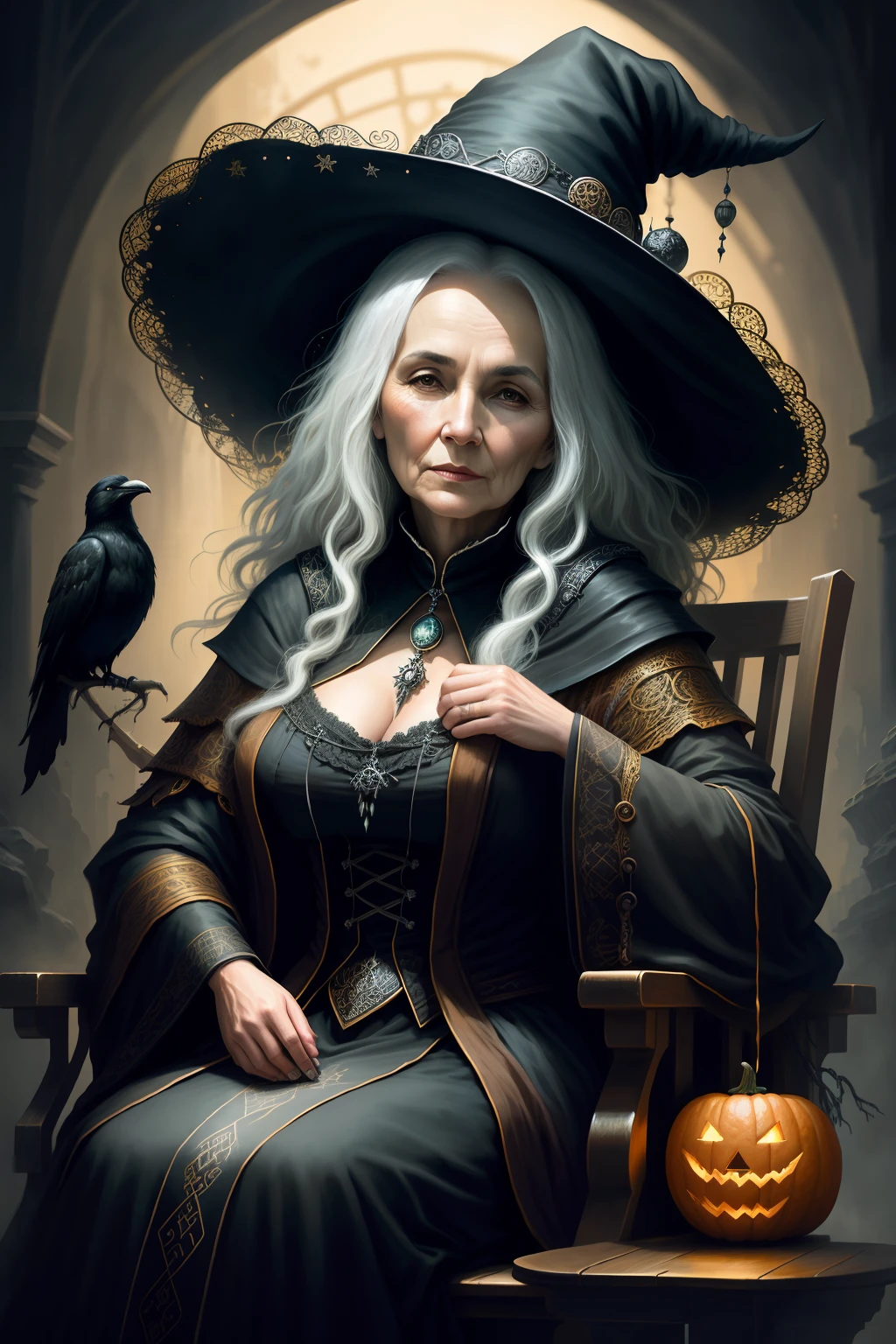 A woman in a witch costume sitting on a chair with a crow - SeaArt AI