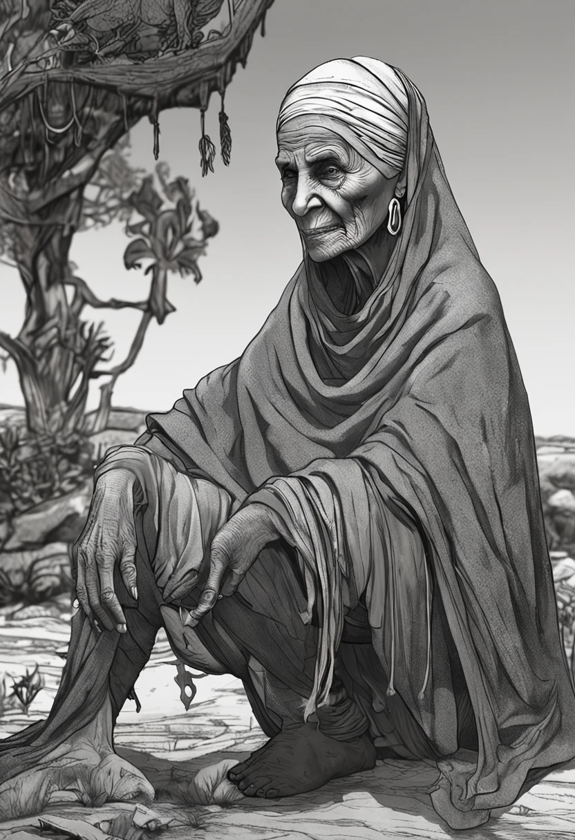 A drawing of a woman sitting on the ground in front of a tree - SeaArt AI