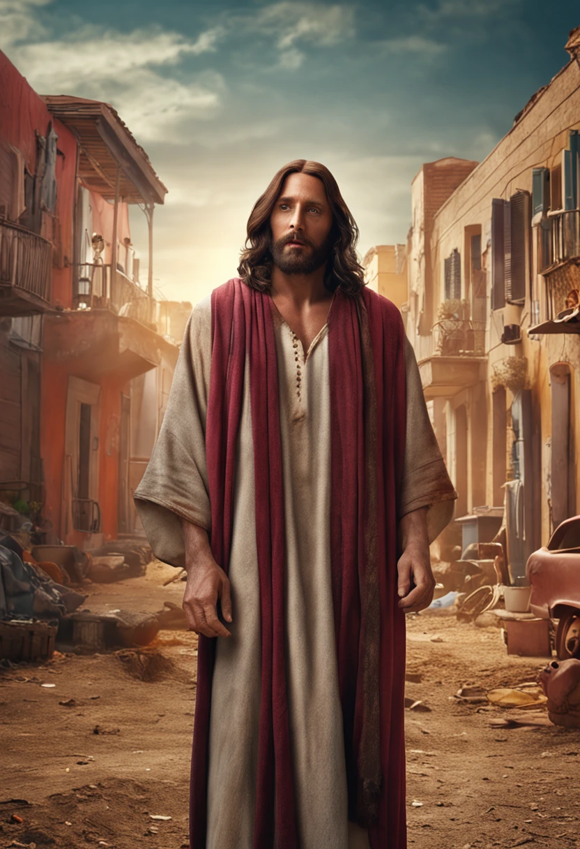 Jesus standing in a street with buildings and a car in the background ...