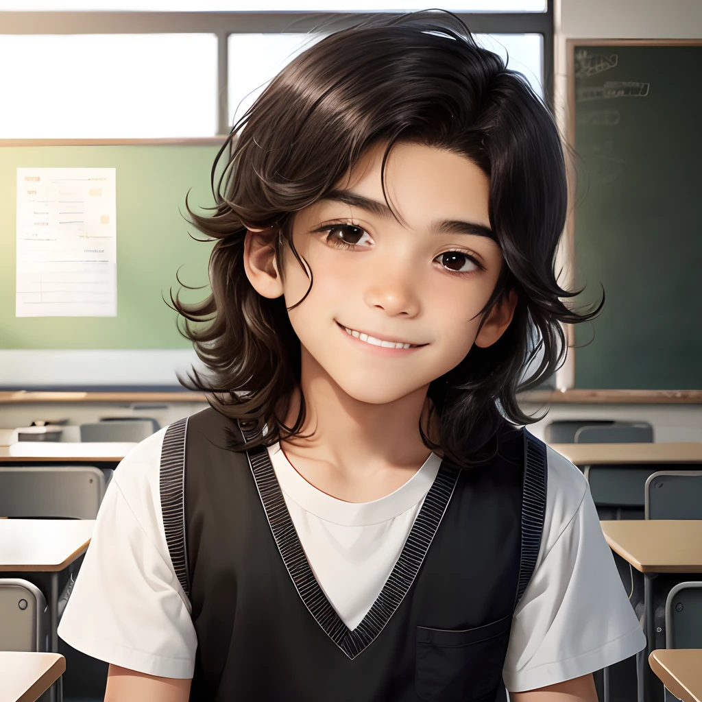 There is a young boy sitting in a classroom with a blackboard - SeaArt AI