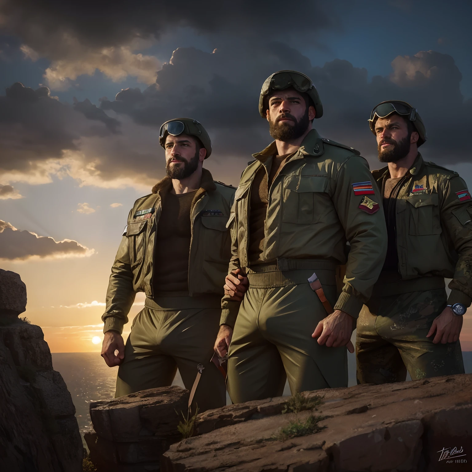 Three men in military uniforms stand on a rocky cliff - SeaArt AI