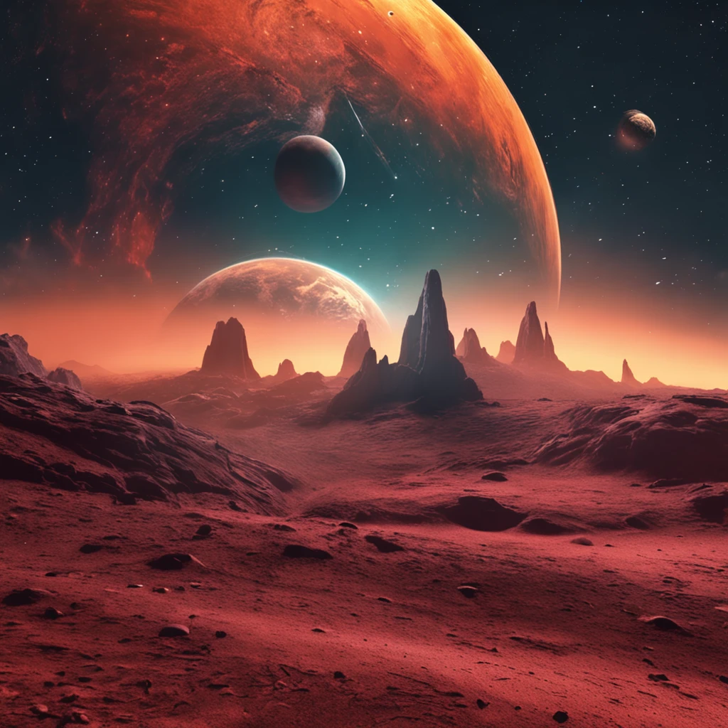 A view of a planet from a rocky surface with a red sky - SeaArt AI