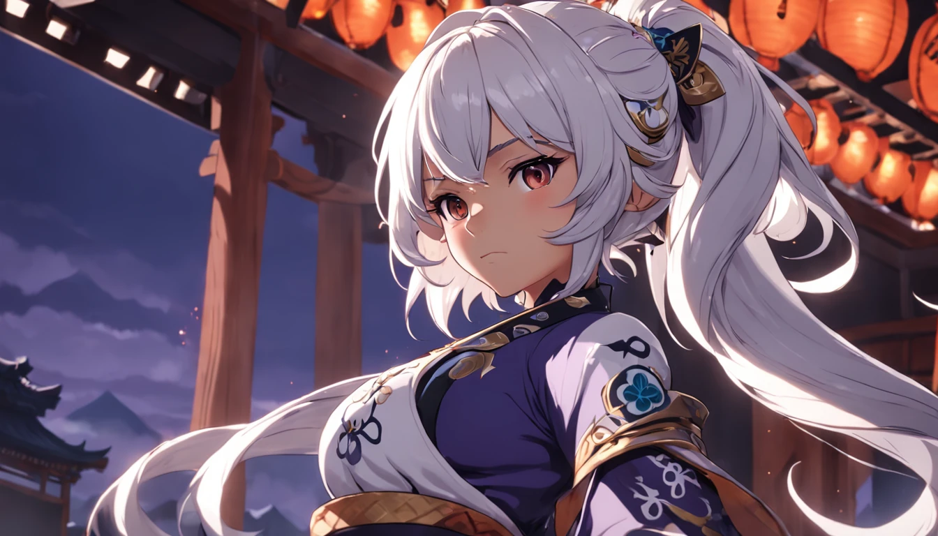 A woman with long white hair and a white top is standing in front of a ...