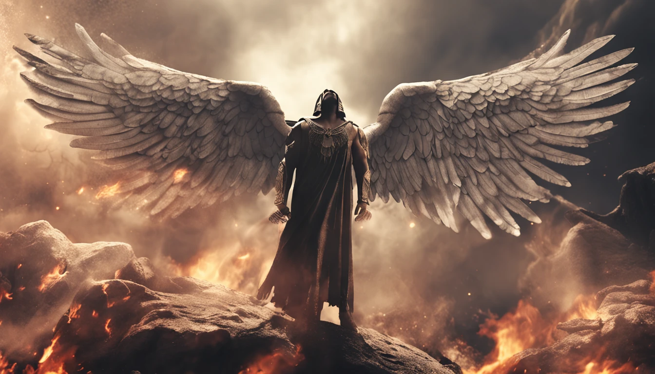 A man standing on top of a rock with wings in the sky - SeaArt AI