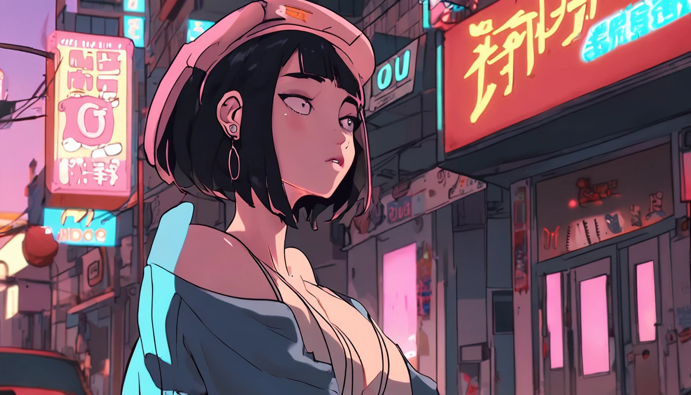 Anime girl in a pink hat standing in front of a neon sign - SeaArt AI