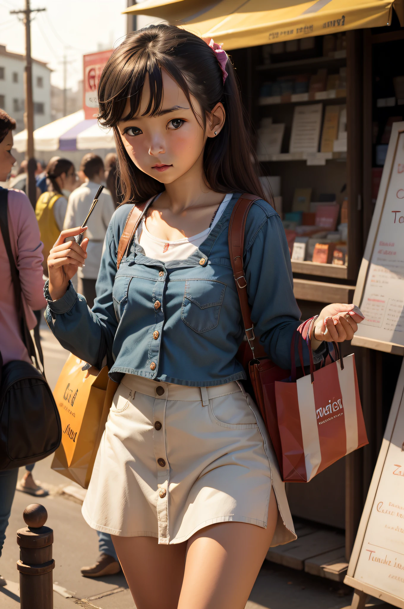 Araffe asian woman in a short skirt and blue shirt walking down a street - SeaArt AI