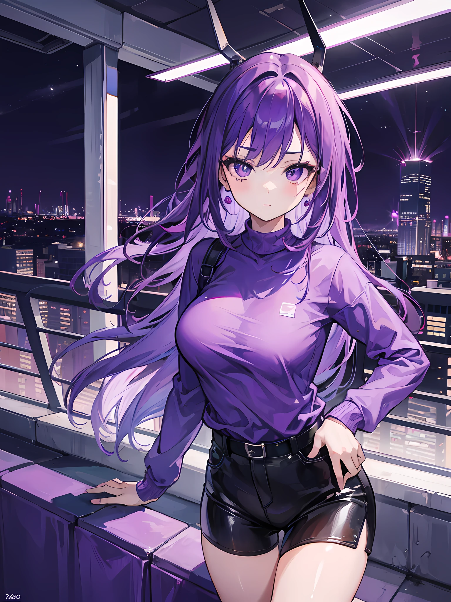 Anime girl with purple hair and black leather shorts posing on a ledge ...