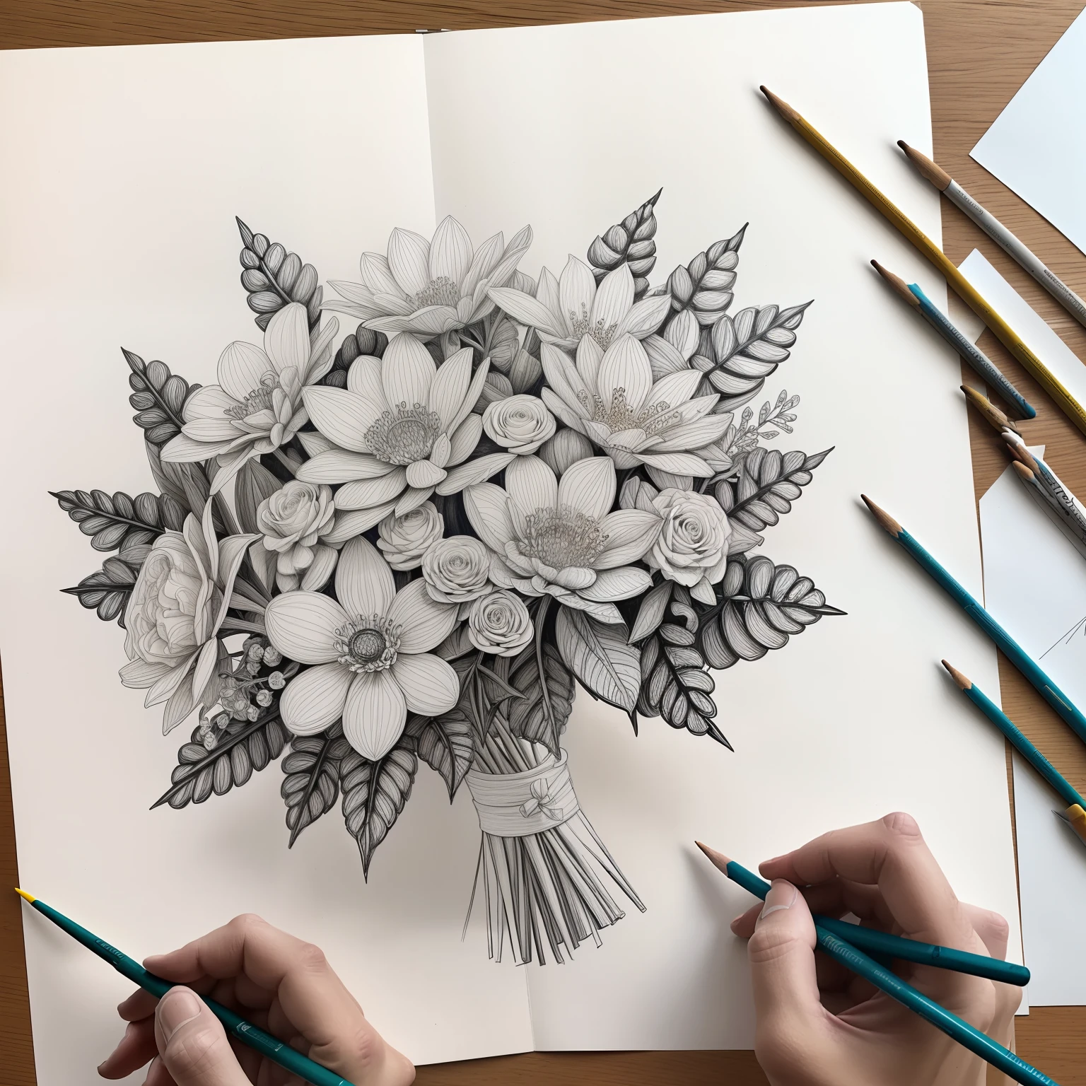 Someone is drawing a bouquet of flowers with pencils on a paper - SeaArt AI