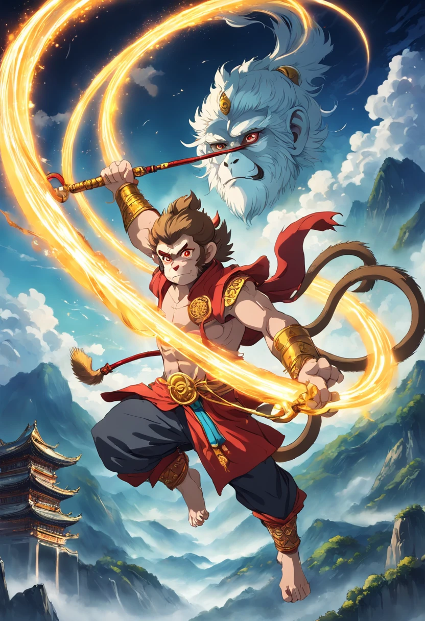 A cartoon image of a monkey with a sword and a dragon - SeaArt AI
