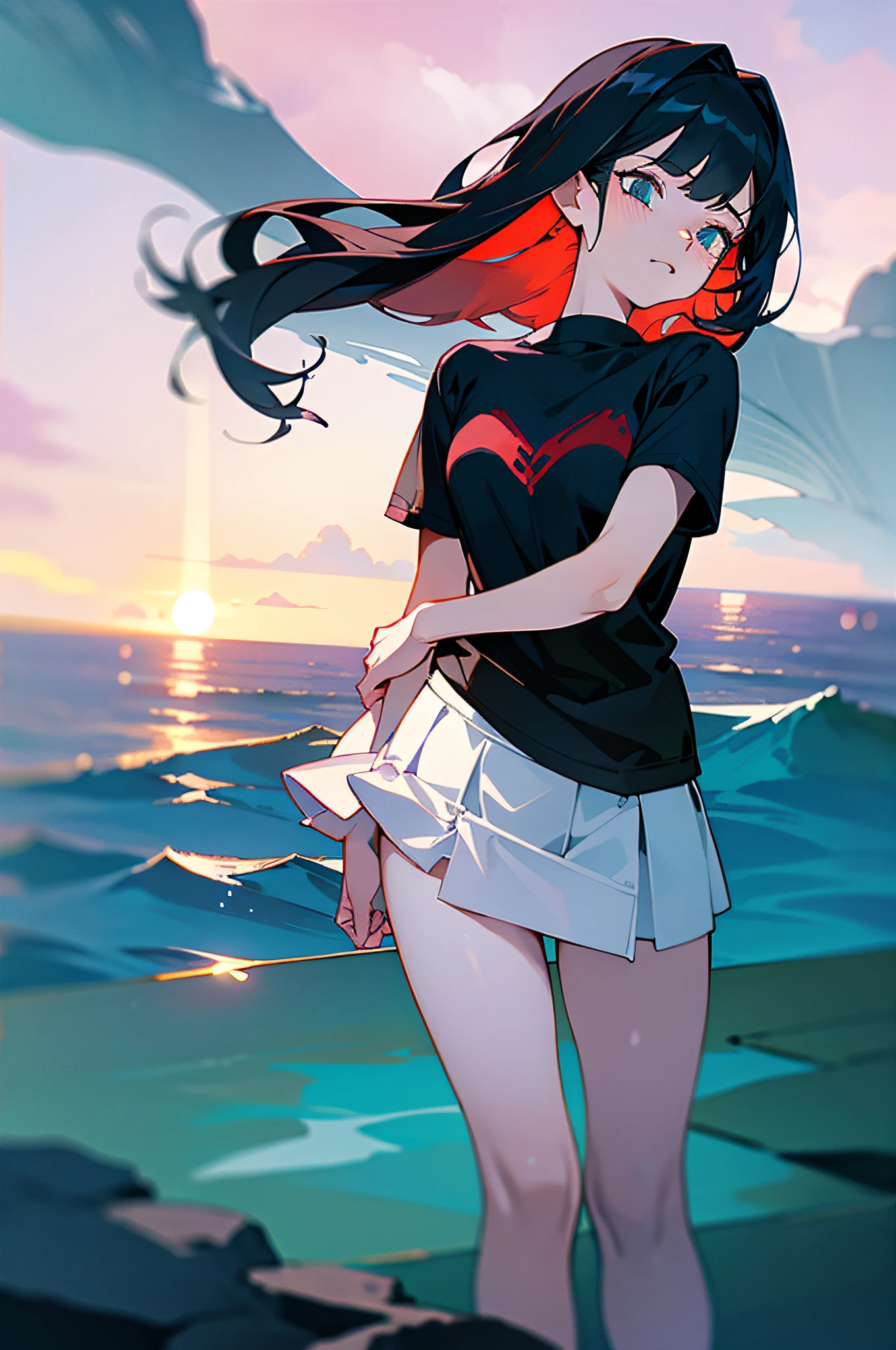 Anime girl standing on a beach with a sunset in the background - SeaArt AI