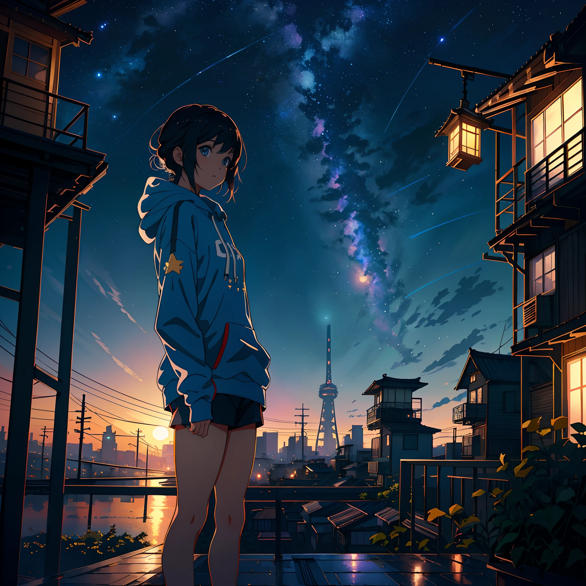 Anime girl standing on a rooftop looking at the night sky - SeaArt AI
