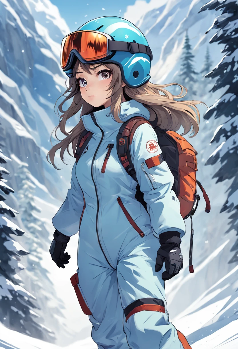 A woman in a snow suit and helmet is walking on a snowy slope - SeaArt AI