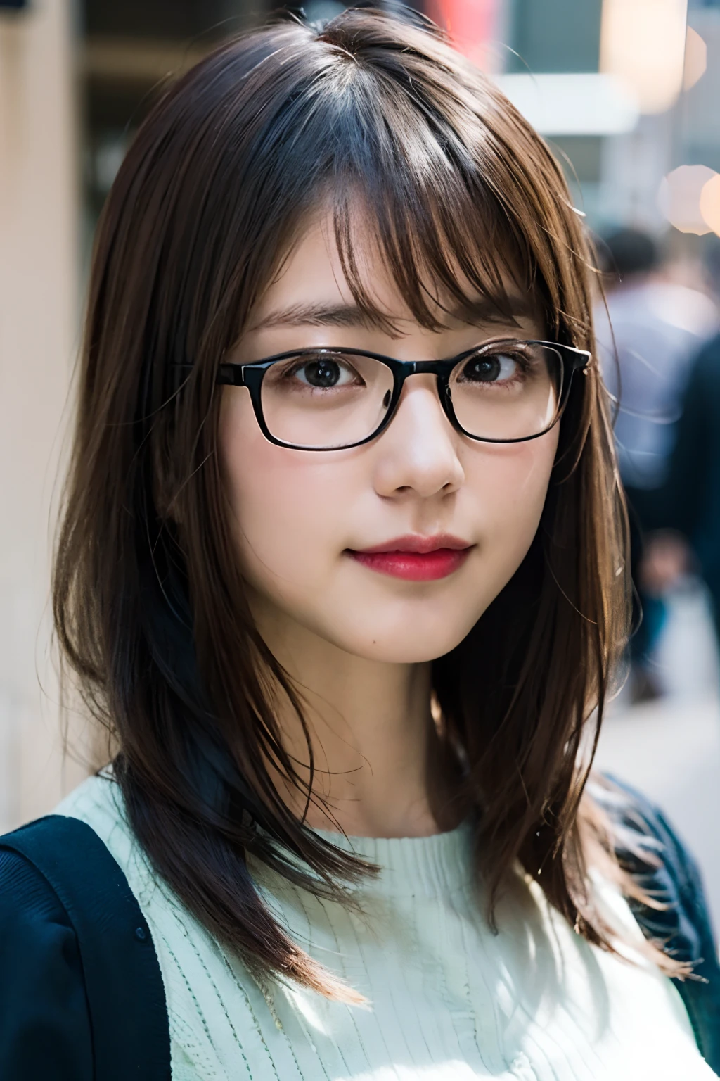A close up of a woman with glasses on a city street - SeaArt AI