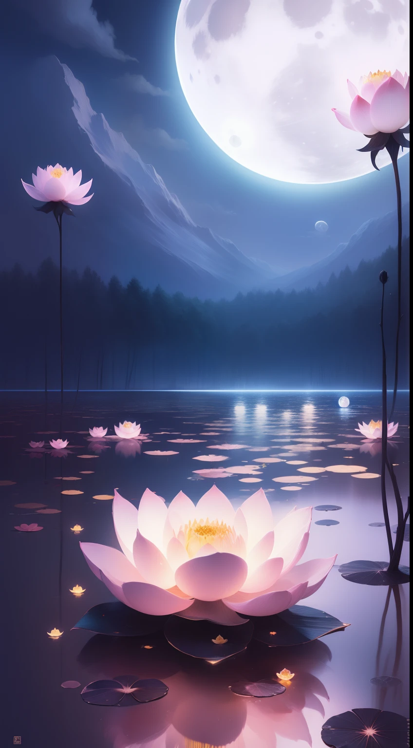 A painting of a full moon and flowers in the water - SeaArt AI