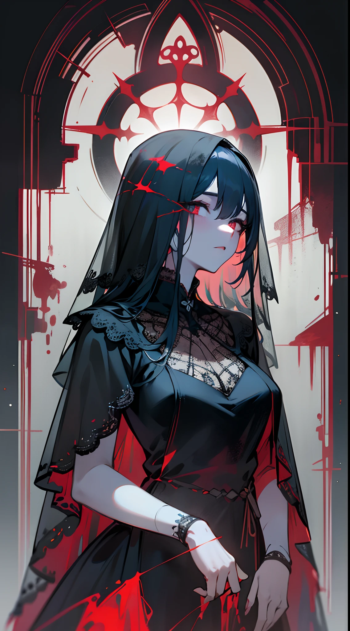 A woman in a black dress with a veil and a red rose - SeaArt AI