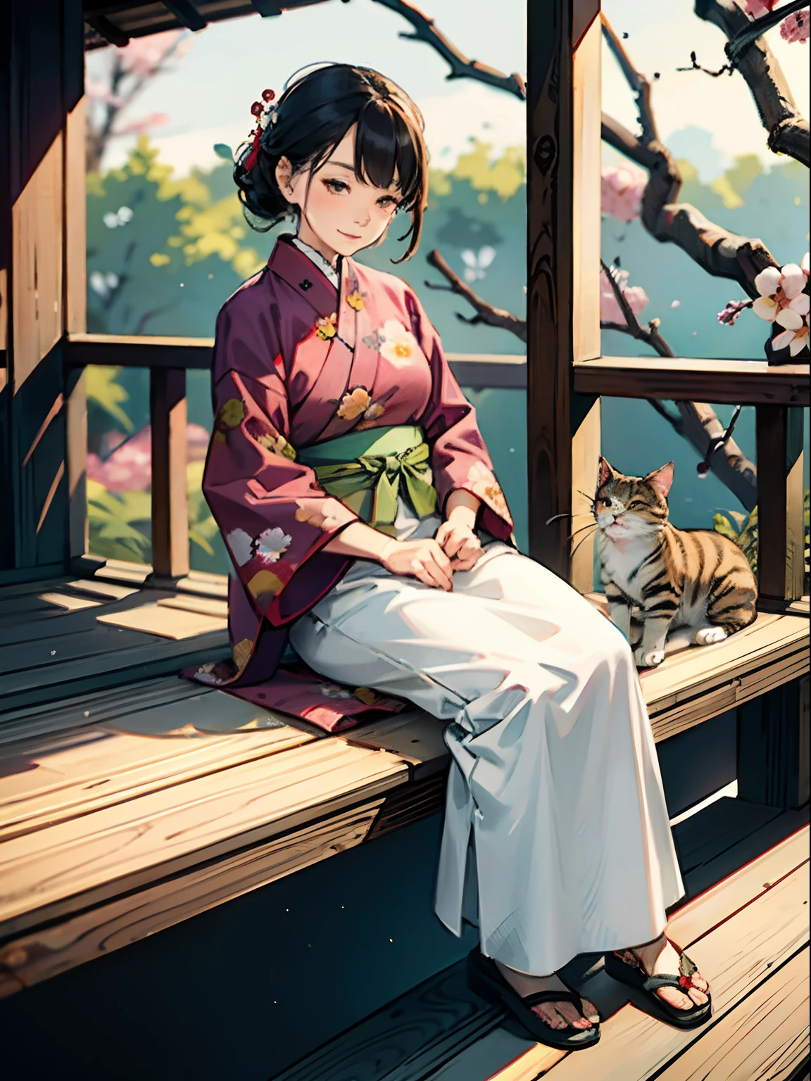 Anime girl sitting on a porch with a cat in front of her - SeaArt AI